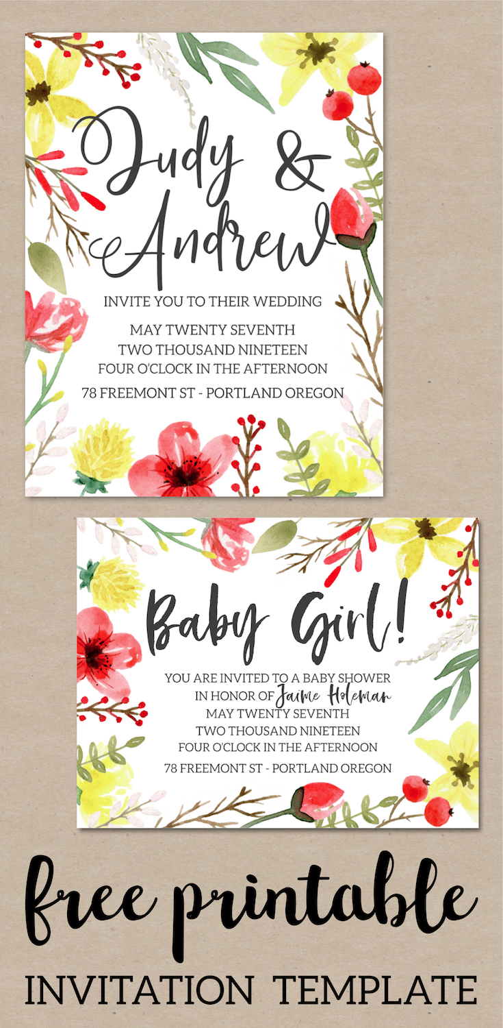 Pink & Yellow Flowers Free Printable Invitation Template - Paper Trail ...