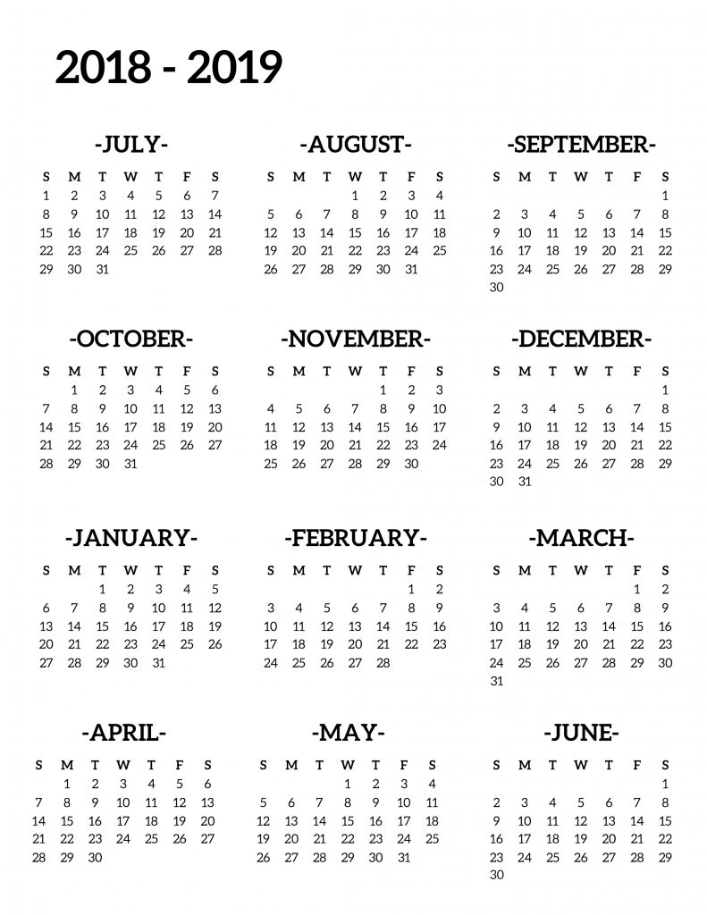 2018-2019 School Calendar Printable Free Template - Paper Trail Design