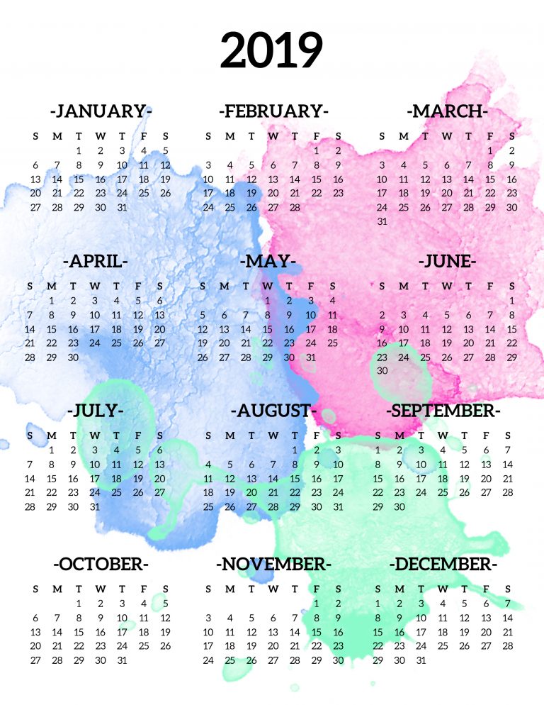 Calendar 2019 Printable One Page - Paper Trail Design