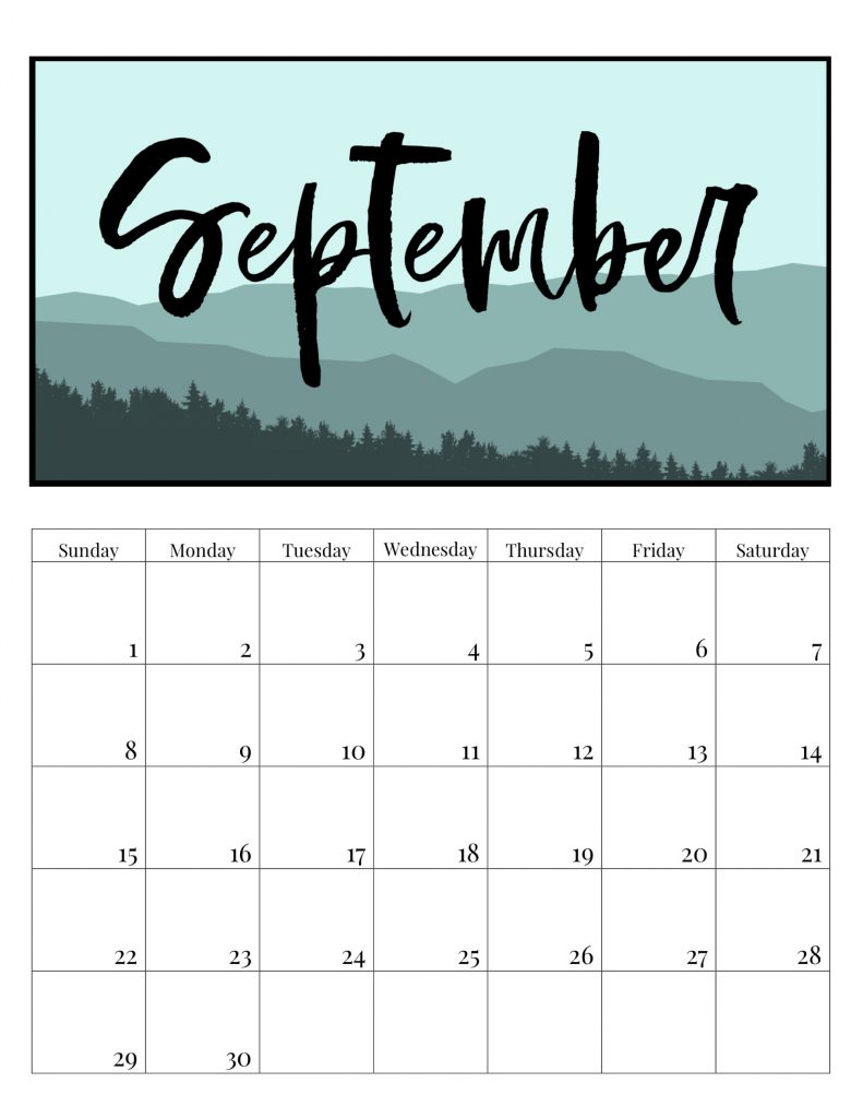Free Printable Monthly Calendar 2019 - Mountain Trees - Paper Trail Design