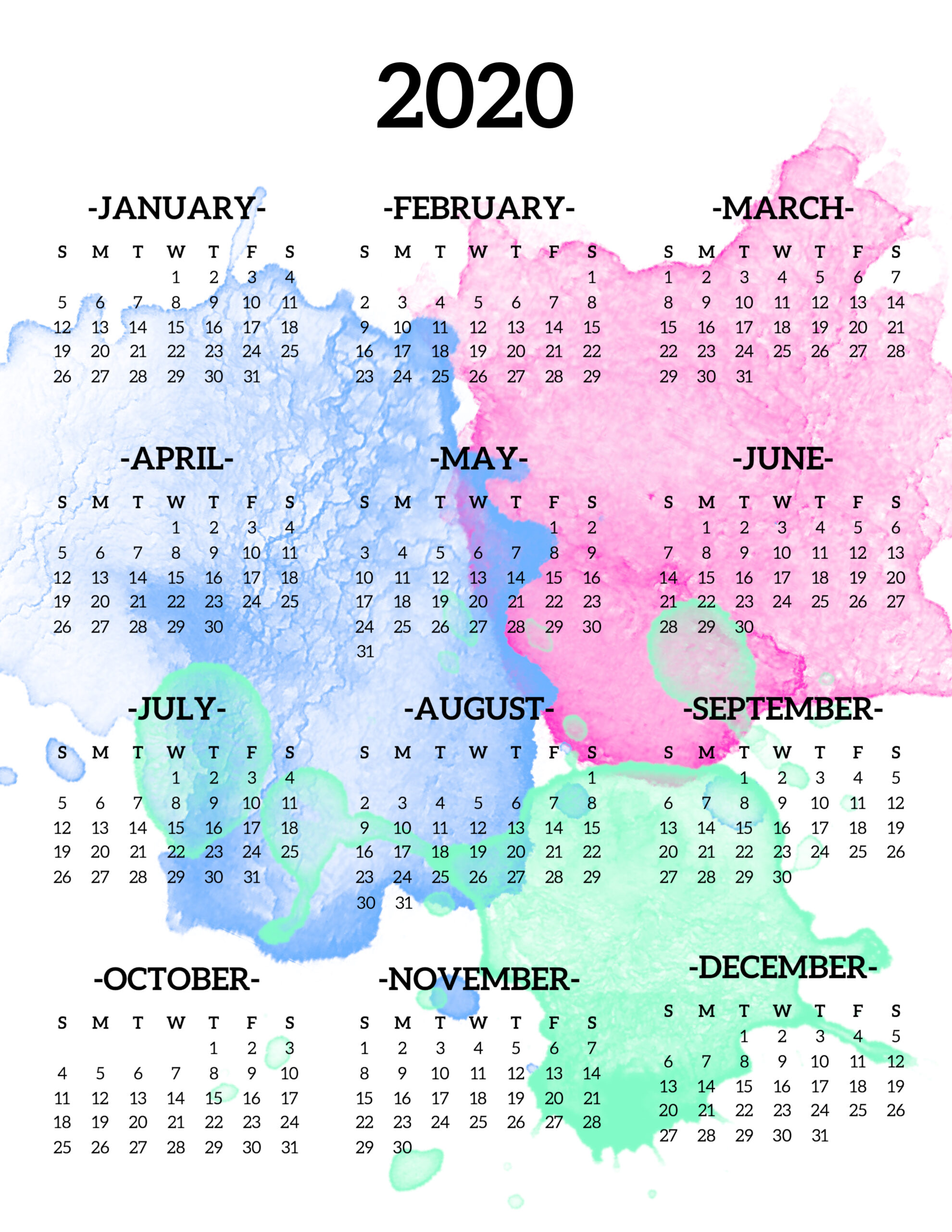 Calendar 2020 Printable One Page Paper Trail Design