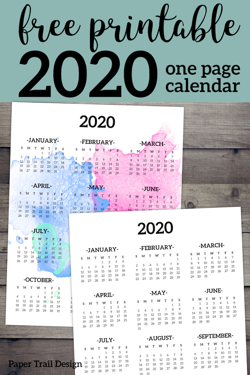 Calendar 2020 Printable One Page - Paper Trail Design