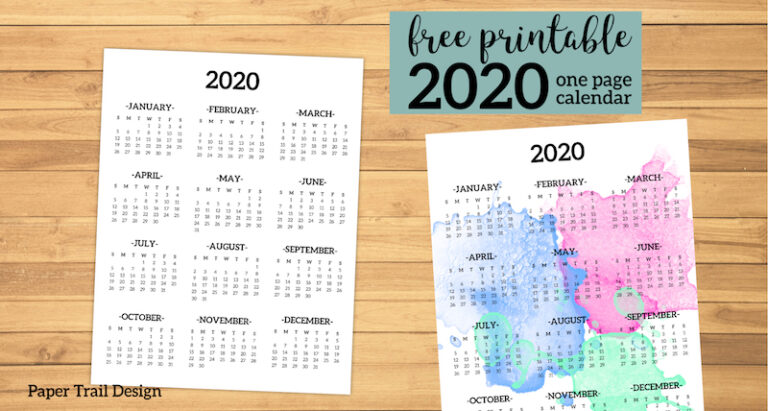 Calendar 2020 Printable One Page - Paper Trail Design