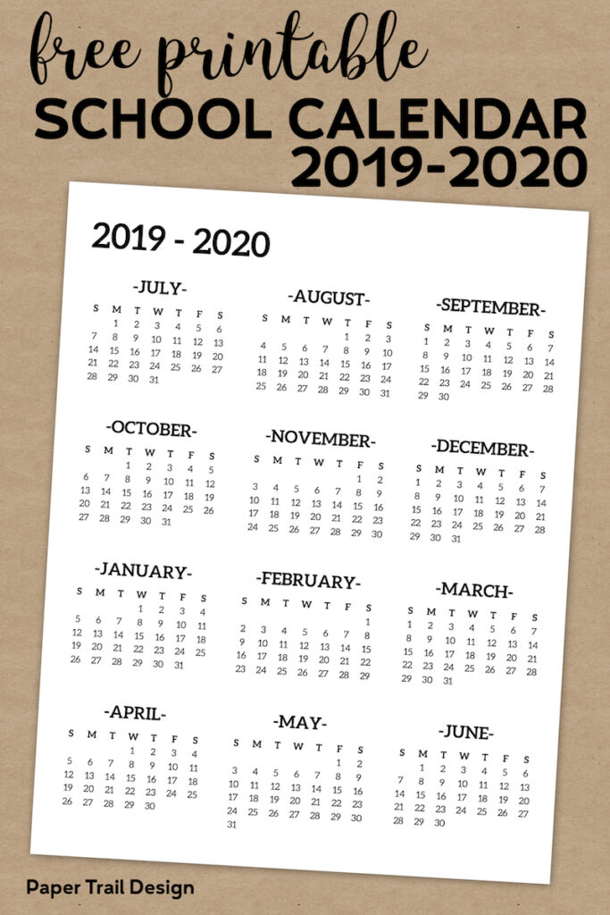 2019-2020 One Page School Calendar Printable - Paper Trail Design