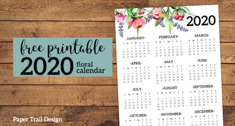 Free Printable 2020 Calendar Yearly One Page Floral - Paper Trail Design