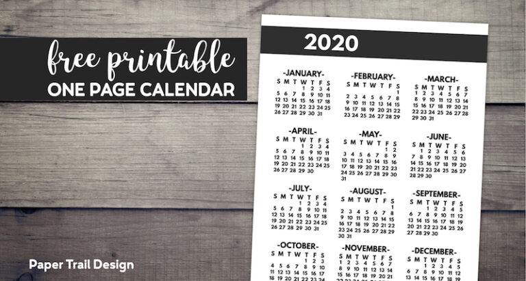 2020 Printable One Page Year at a Glance Calendar - Paper Trail Design