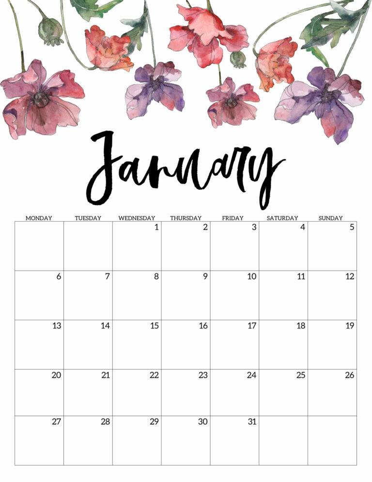 Free Printable 2020 Monday Start Calendar {Floral} - Paper Trail Design