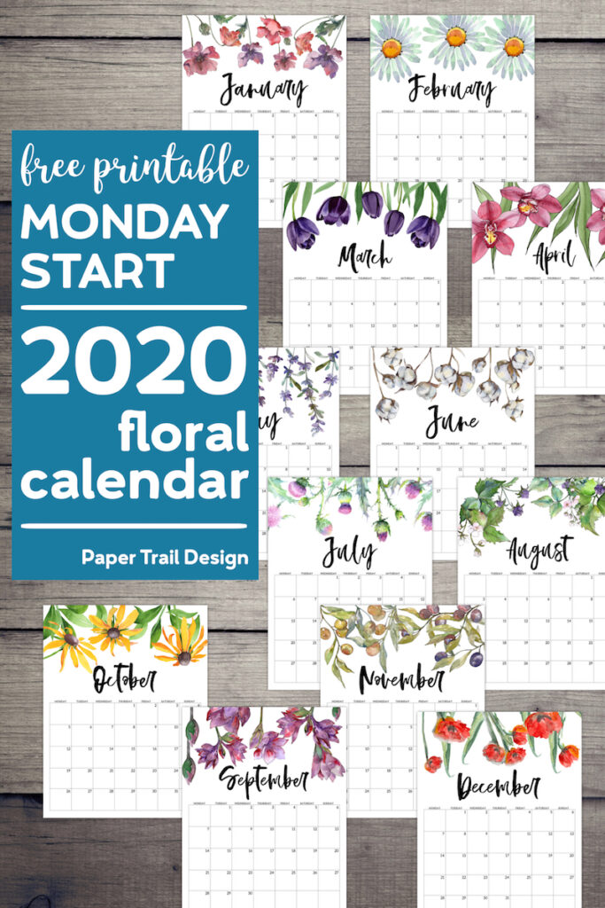 Free Printable 2020 Monday Start Calendar {Floral} - Paper Trail Design