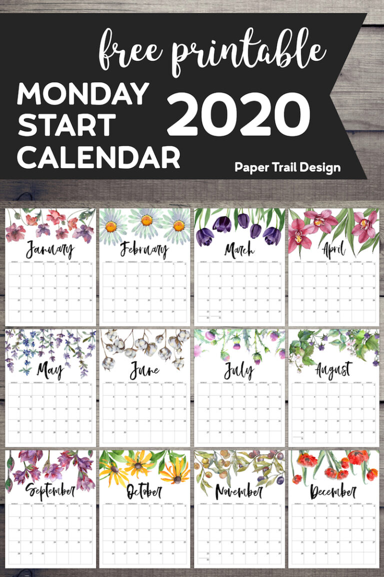 Free Printable 2020 Monday Start Calendar {Floral} - Paper Trail Design