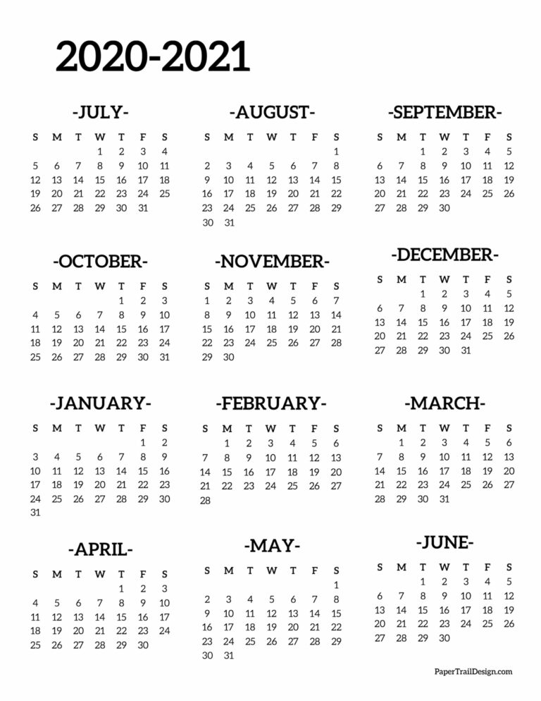 2020-2021 School Year Calendar Free Printable - Paper Trail Design