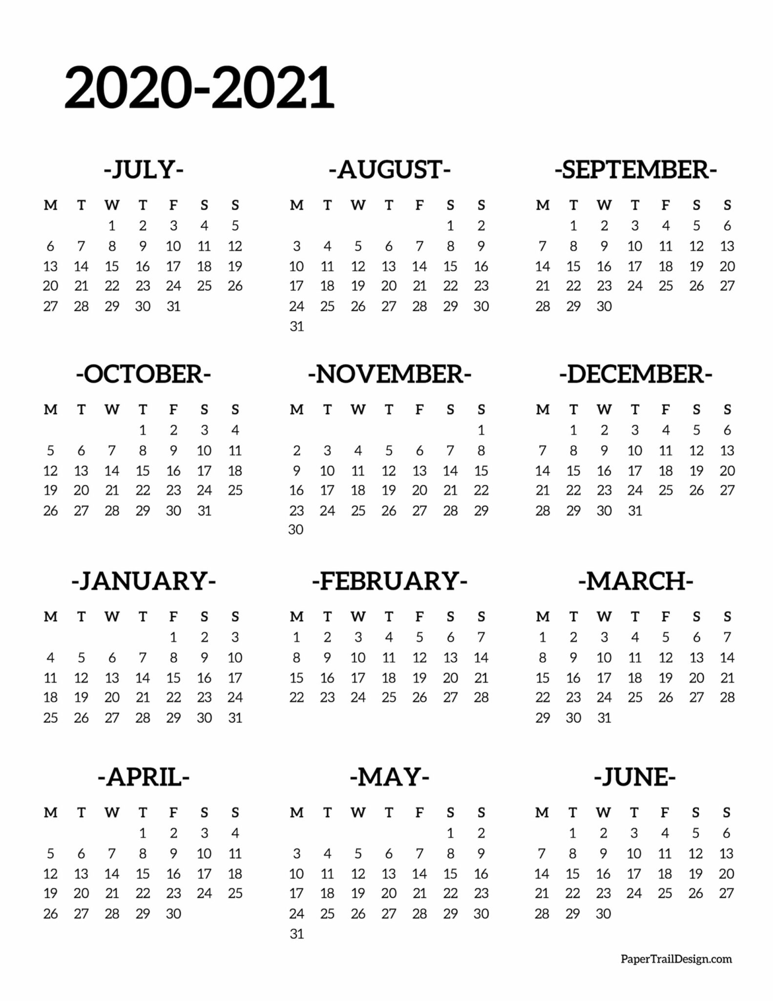2020-2021 School Year Calendar Free Printable - Paper Trail Design