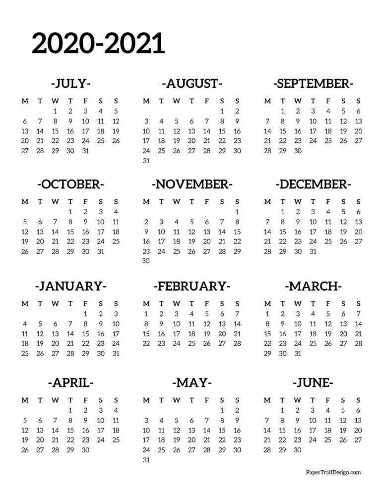 2020-2021 School Year Calendar Free Printable - Paper Trail Design