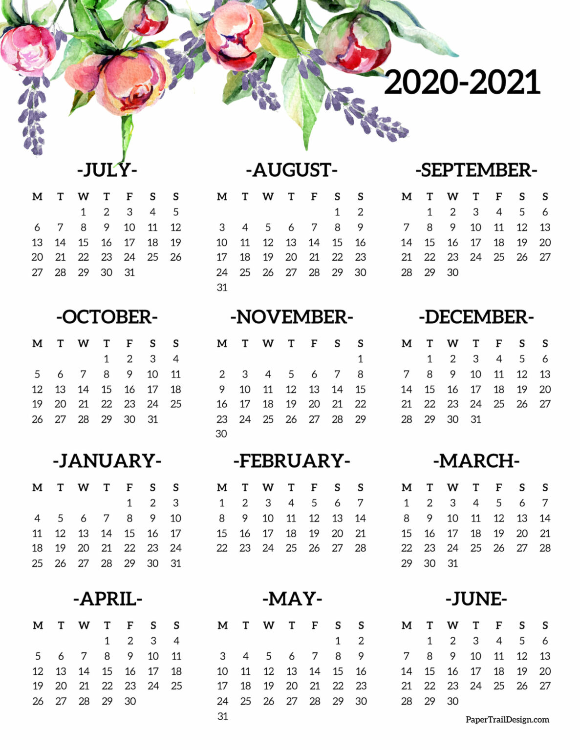 2020-2021 School Year Calendar Free Printable - Paper Trail Design