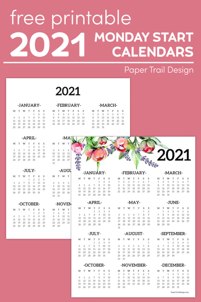 2021 One Page Calendar - Monday Start - Paper Trail Design