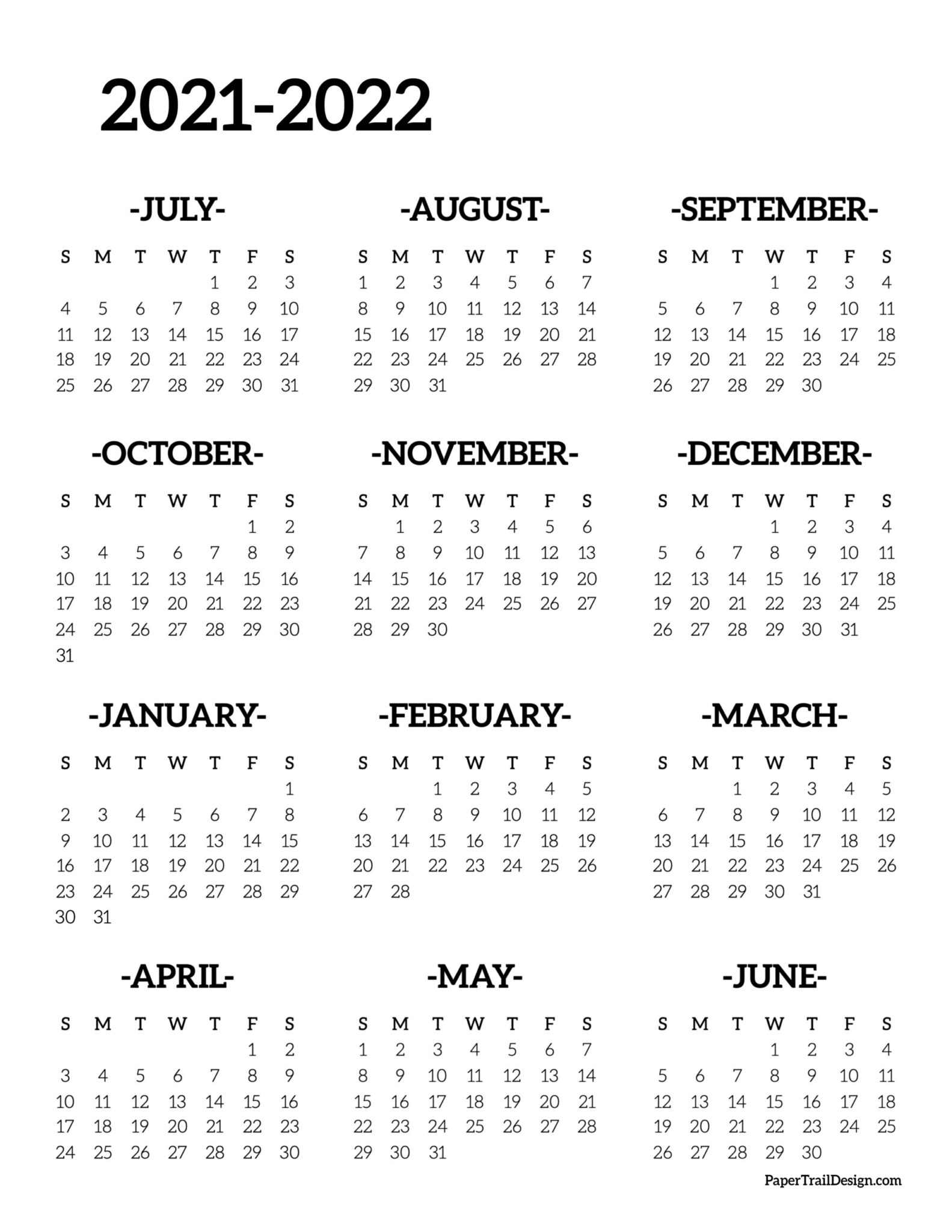 2021-2022 School Year Calendar Free Printable - Paper Trail Design
