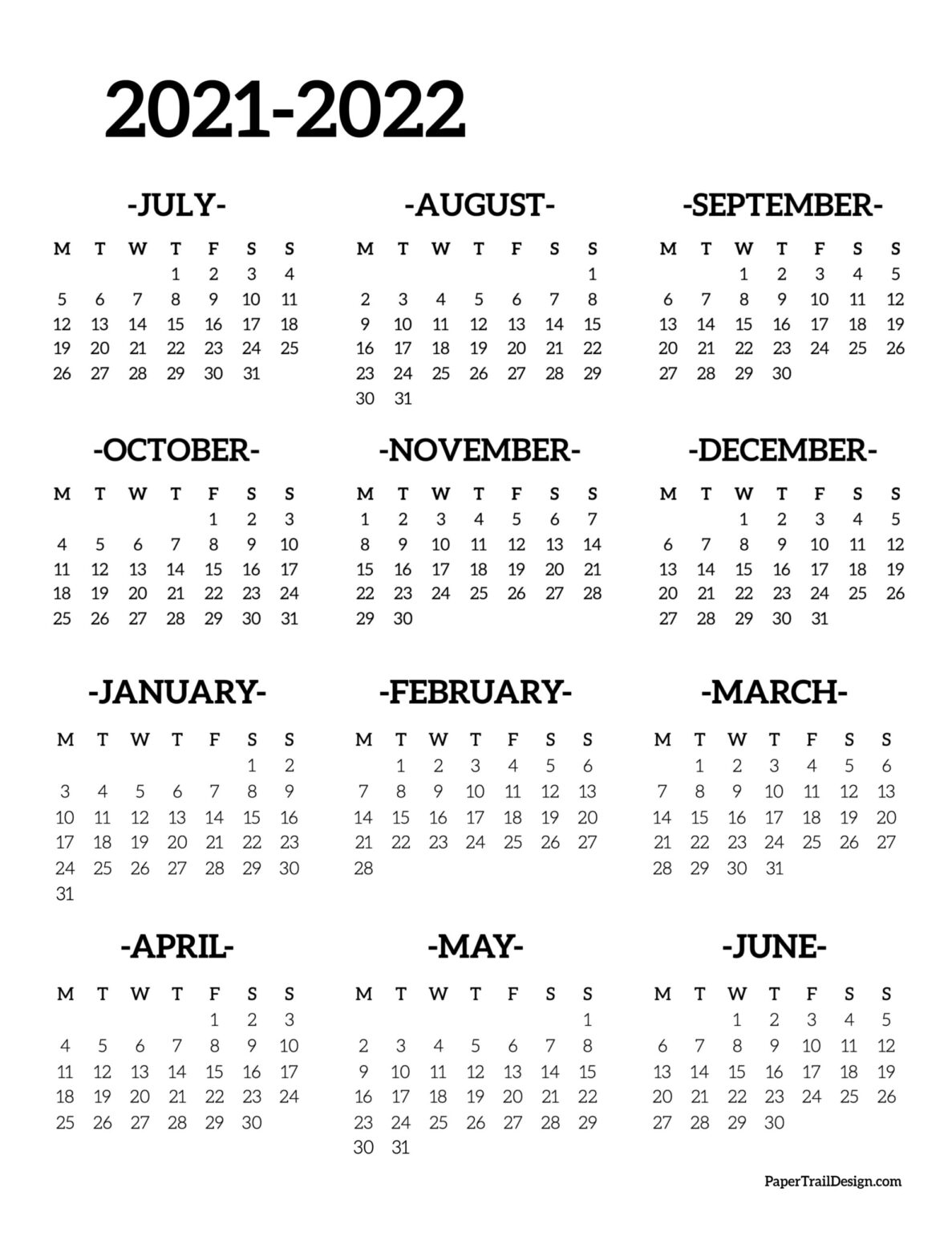 2021-2022 School Year Calendar Free Printable - Paper Trail Design