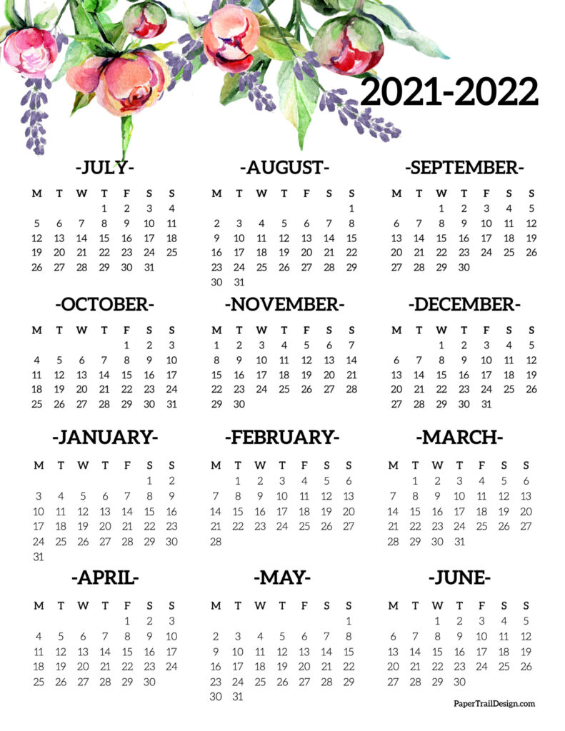 2021-2022 School Year Calendar Free Printable - Paper Trail Design