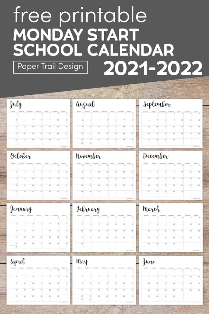 2021-2022 Printable School Calendar - Paper Trail Design