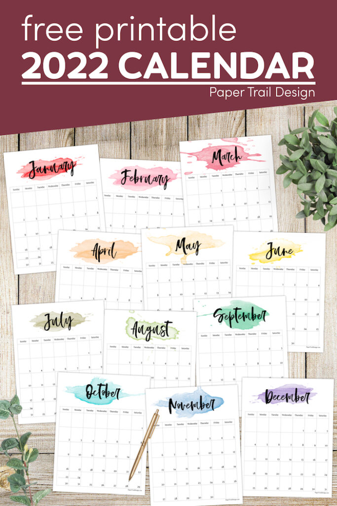 2022 Printable Calendar - Watercolor - Paper Trail Design