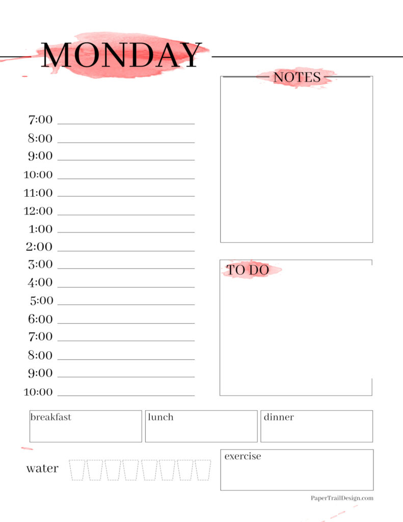 Daily Planner Printable - Watercolor - Paper Trail Design