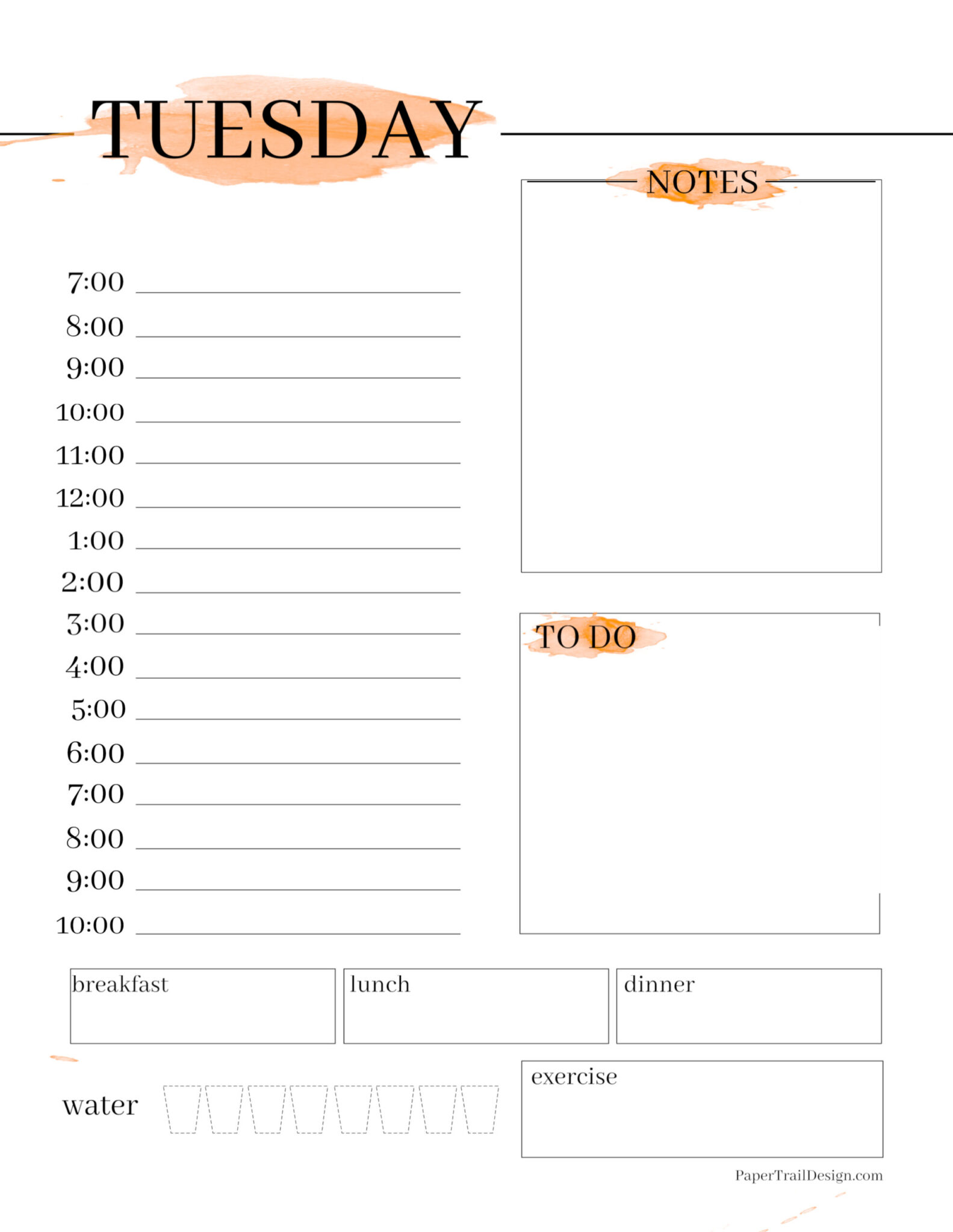 Daily Planner Printable - Watercolor - Paper Trail Design