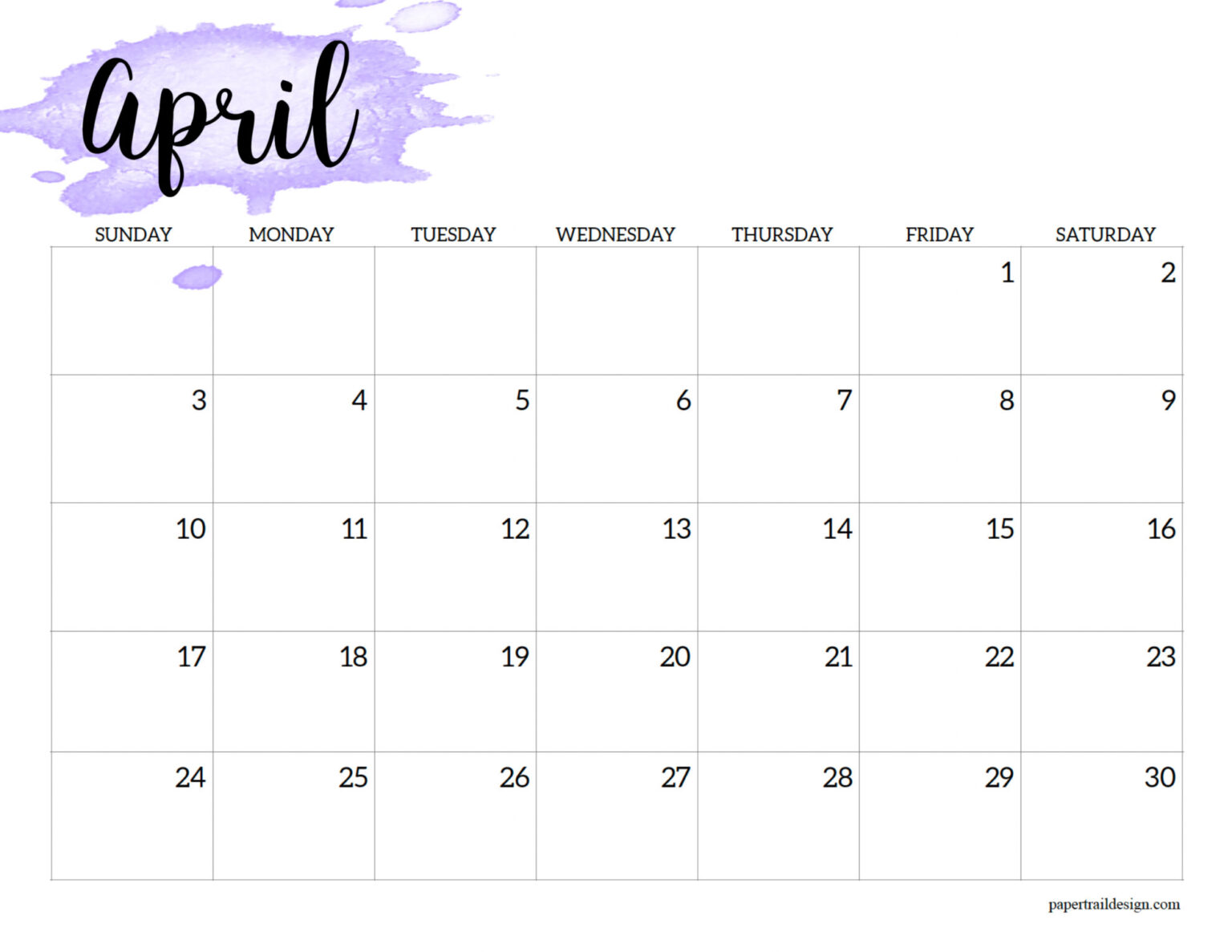 2022 Calendar Printable - Watercolor - Paper Trail Design