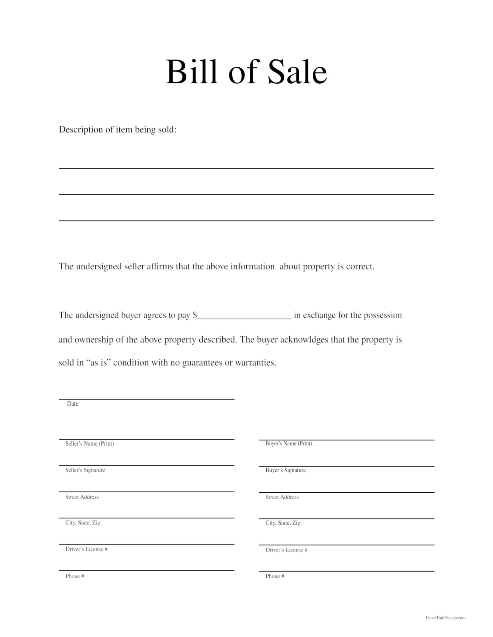 Free Printable Bill of Sale Template - Paper Trail Design