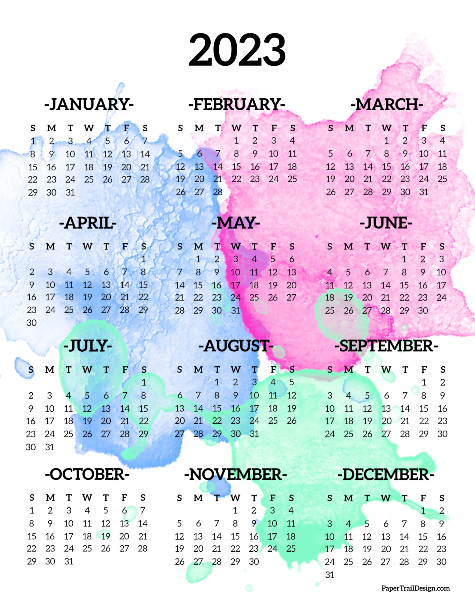 Calendar 2023 Printable One Page - Paper Trail Design
