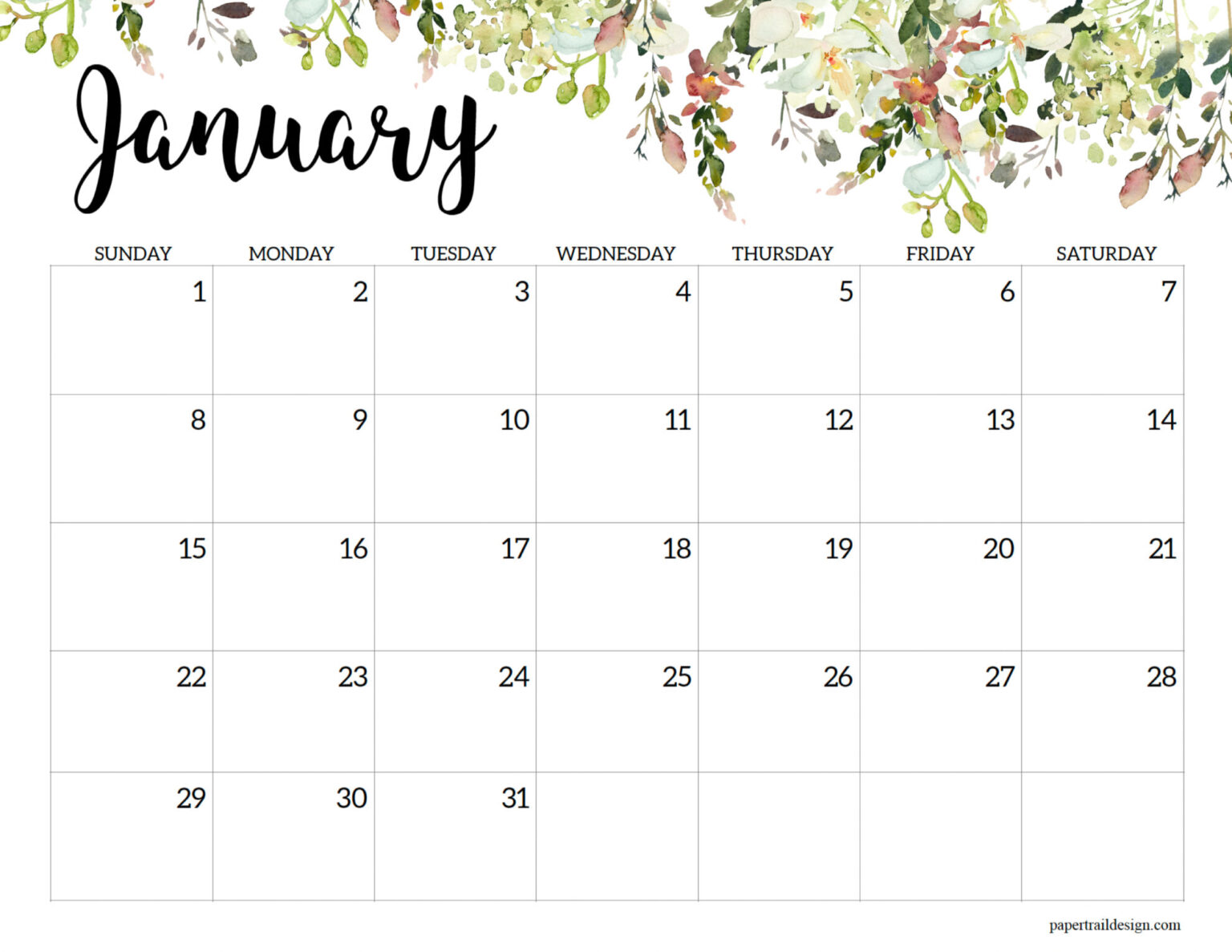 Horizontal Floral Printable Calendar - 2023 - Paper Trail Design