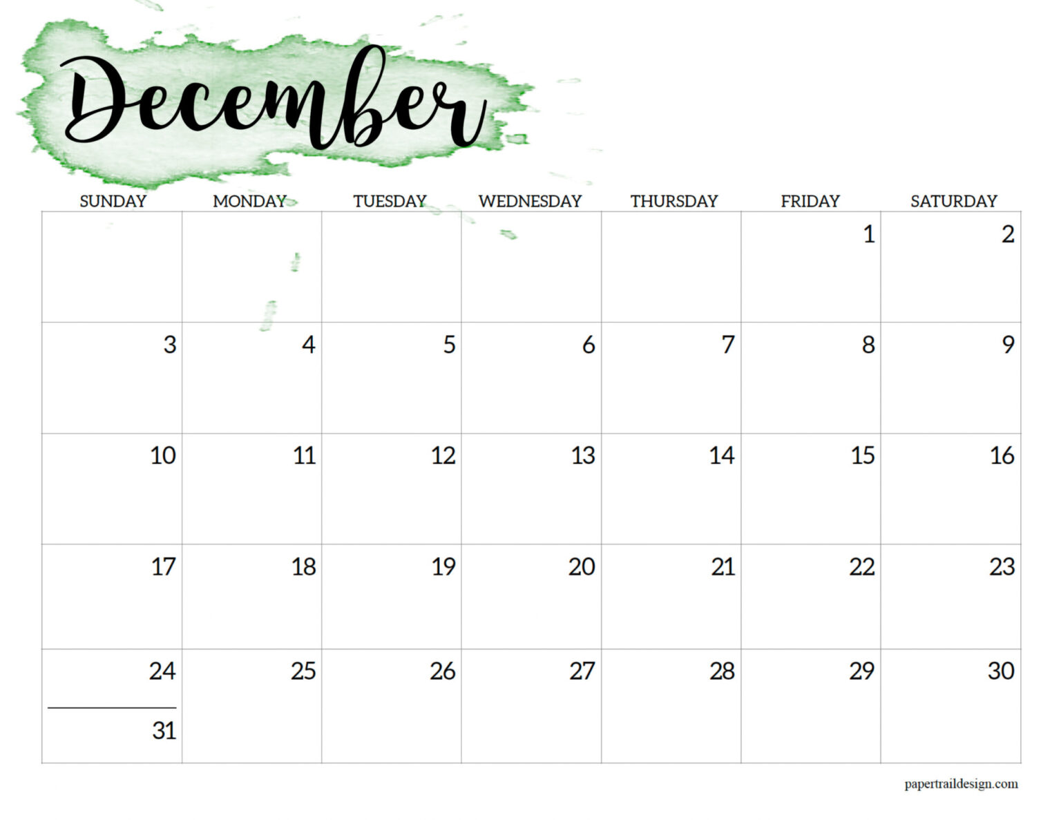 2023 Calendar Printable - Watercolor - Paper Trail Design