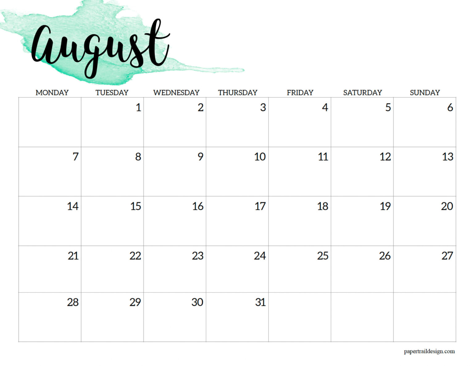 2023 Monday Start Calendar Printable - Watercolor - Paper Trail Design