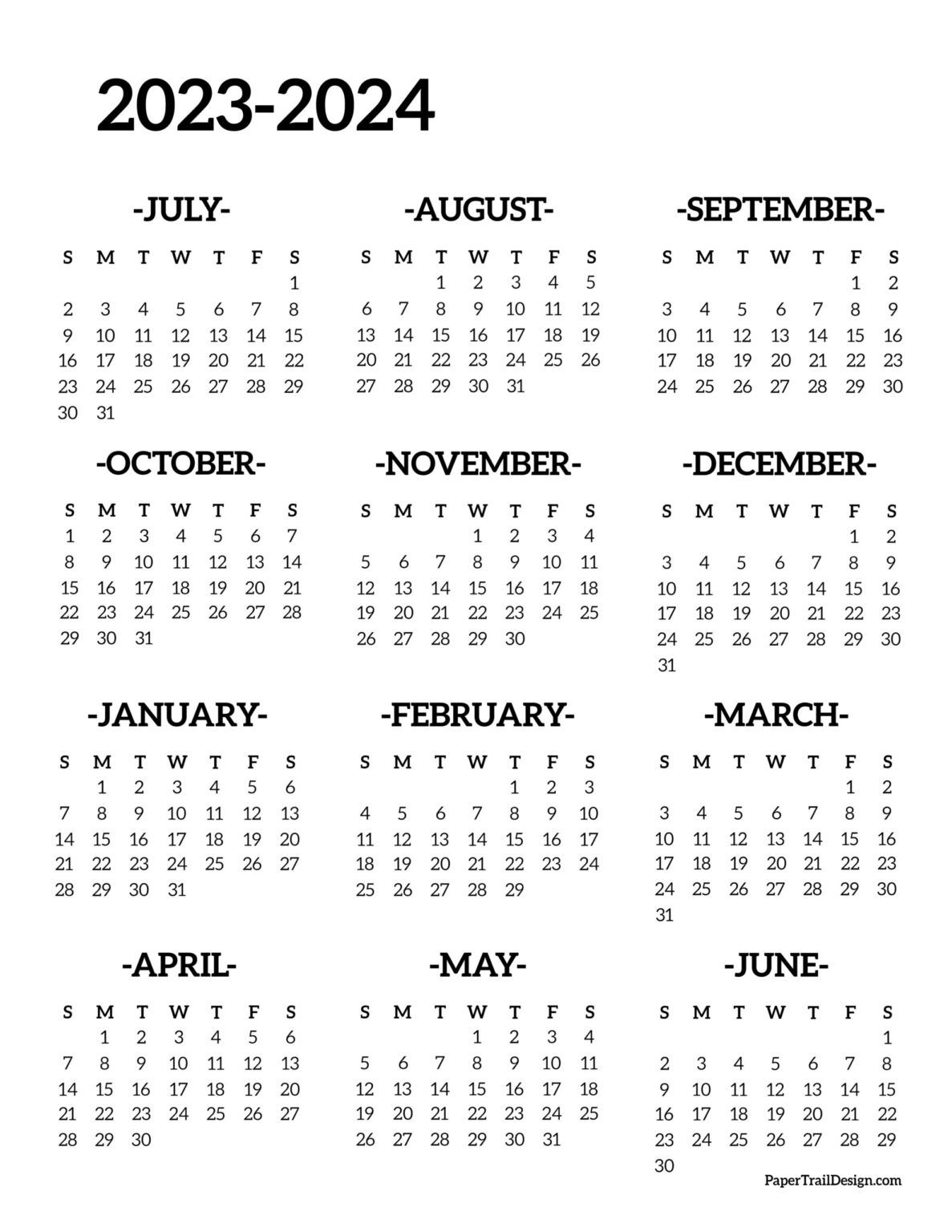 2023-2024 School Year Calendar Free Printable - Paper Trail Design
