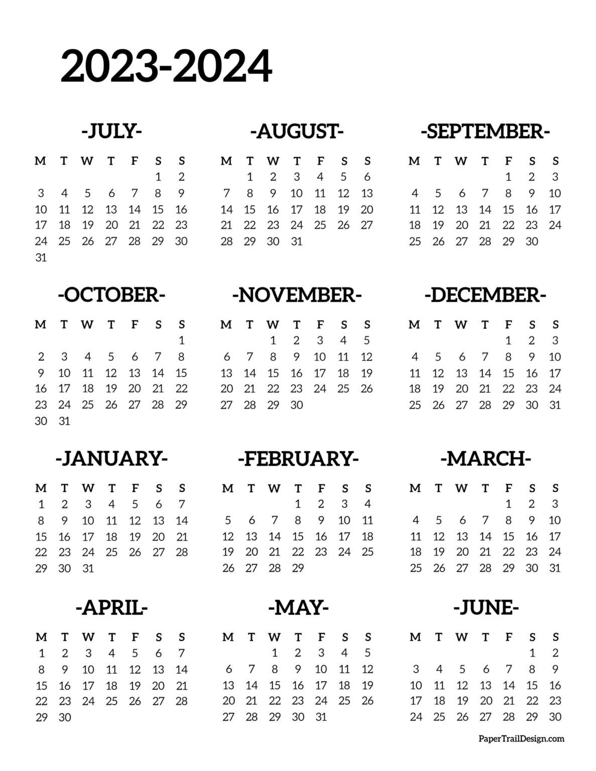 2023-2024 School Year Calendar Free Printable - Paper Trail Design
