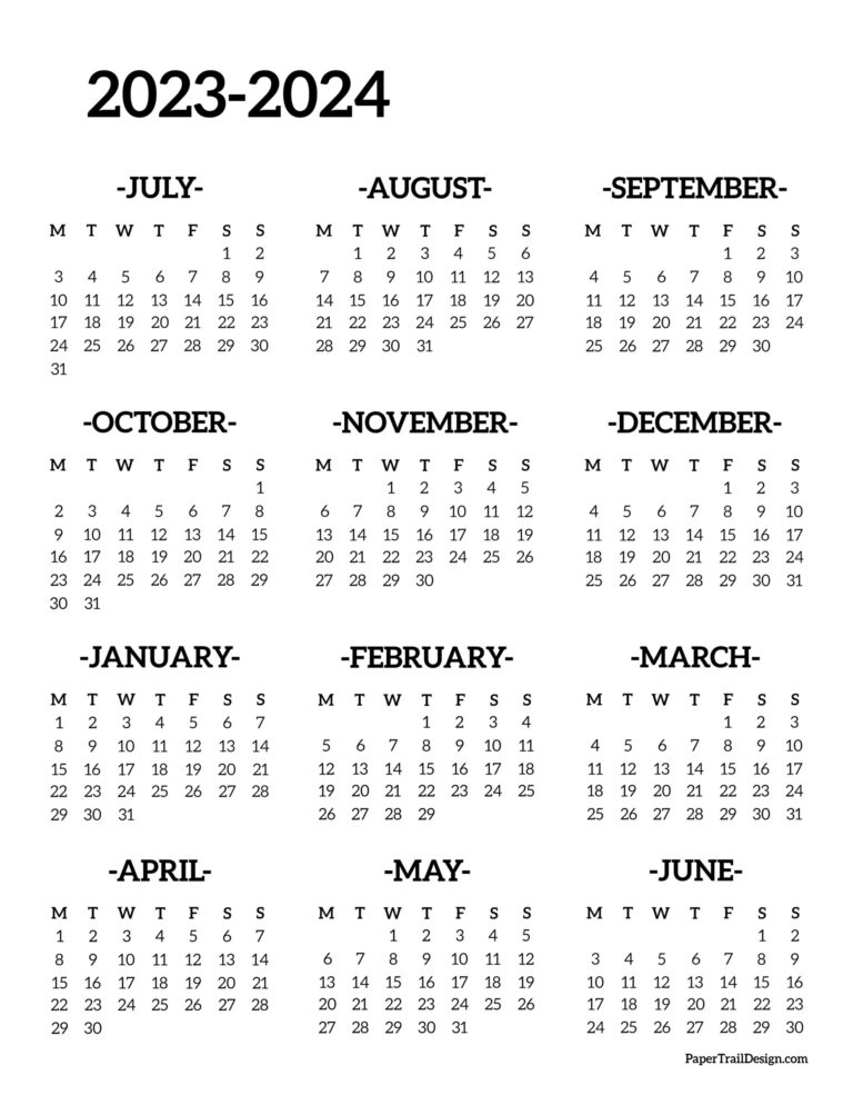 2023-2024 School Year Calendar Free Printable - Paper Trail Design