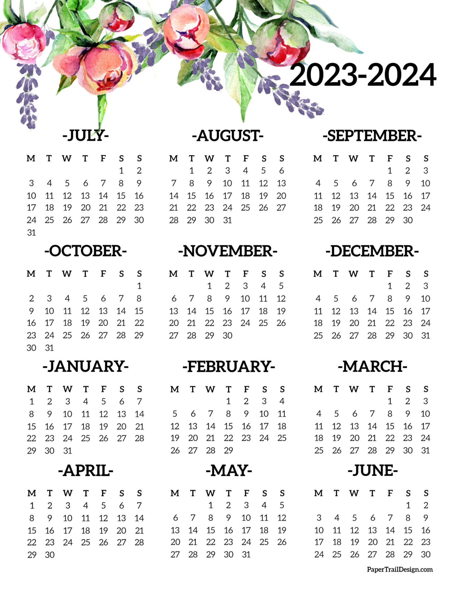 2023-2024 School Year Calendar Free Printable - Paper Trail Design