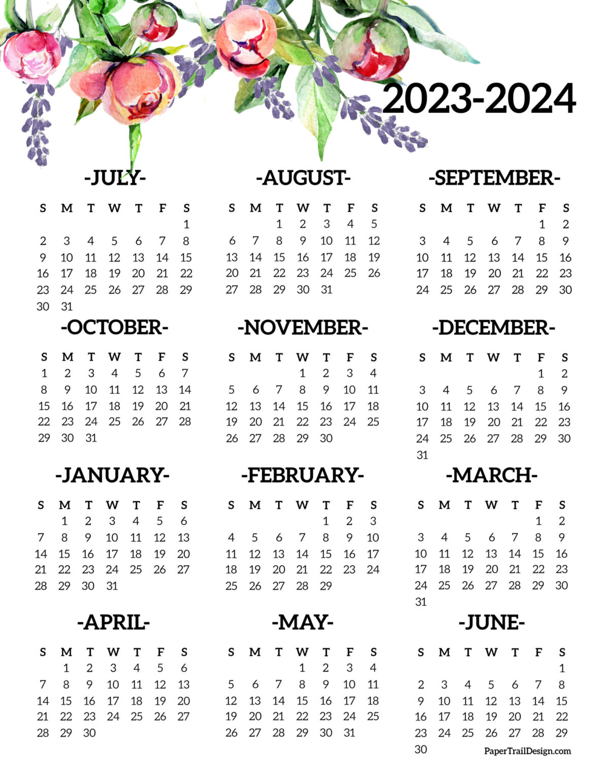 2023-2024 School Year Calendar Free Printable - Paper Trail Design