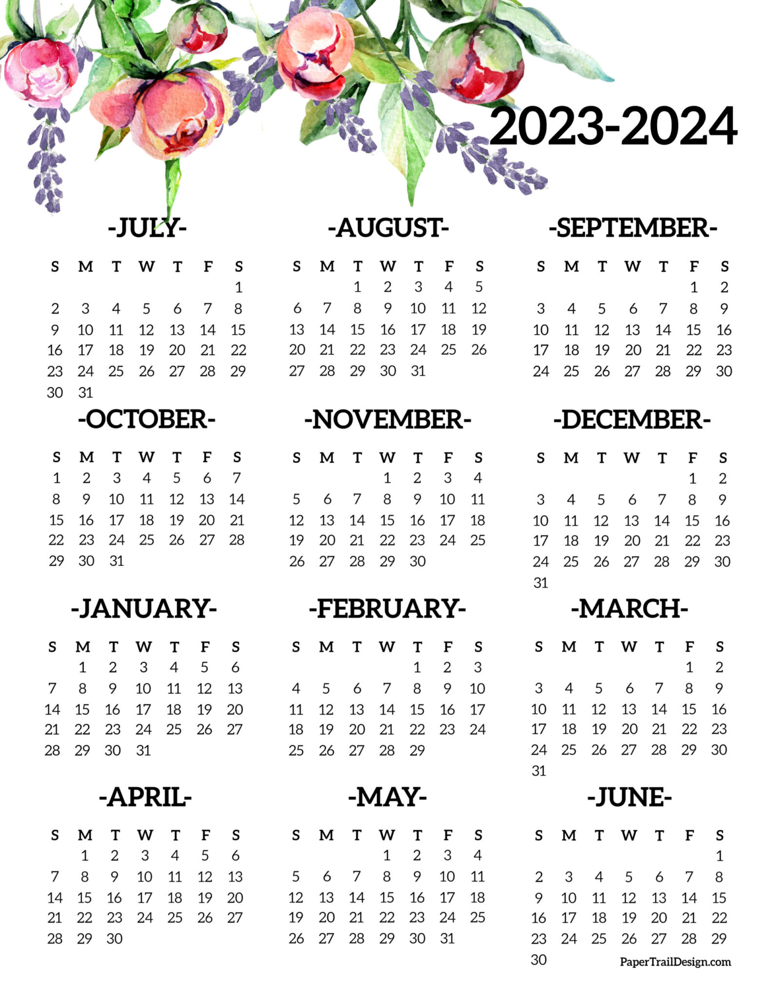 2023-2024 School Year Calendar Free Printable - Paper Trail Design