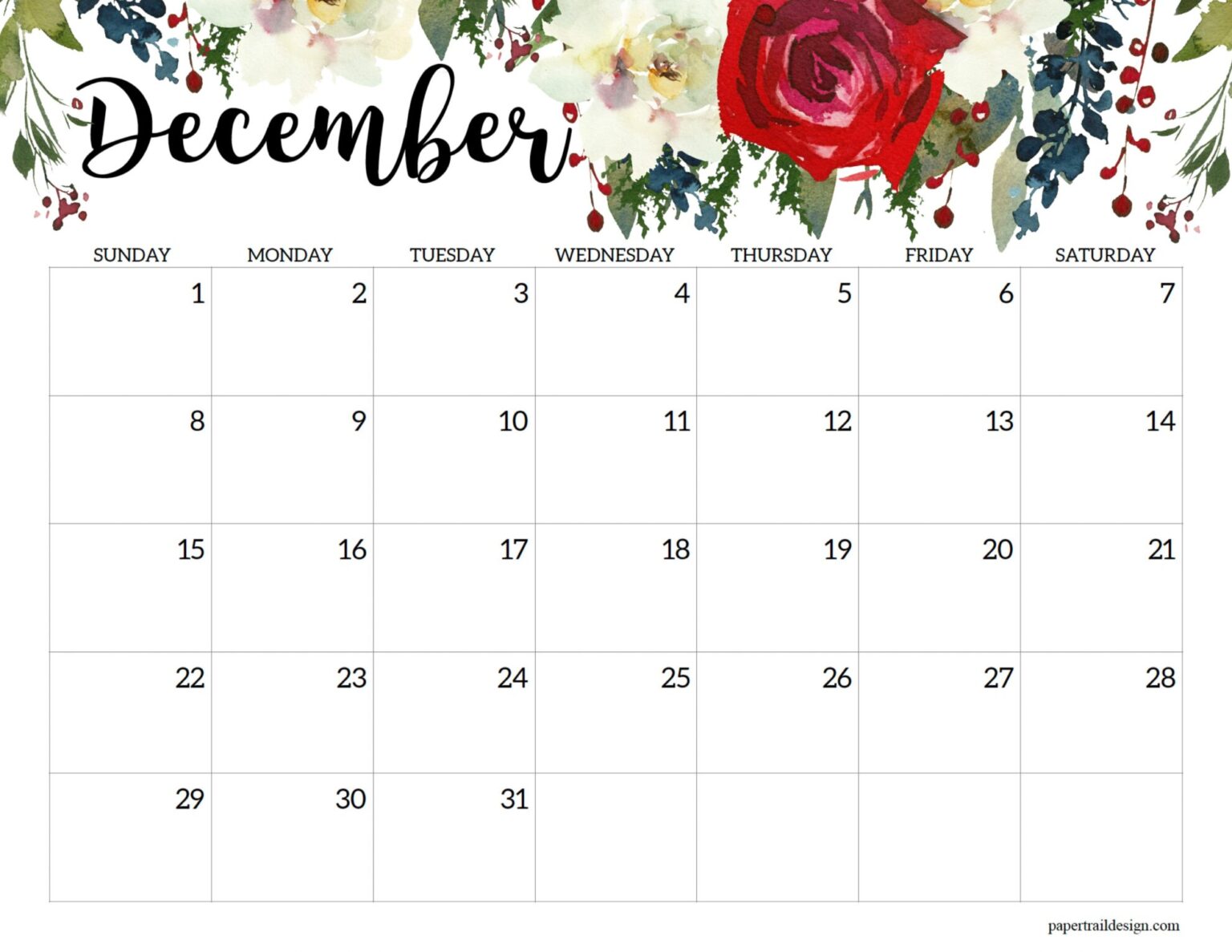 Horizontal Floral Printable Calendar -2024 - Paper Trail Design Horizontal Floral Printable Calendar -2024 - Paper Trail Design