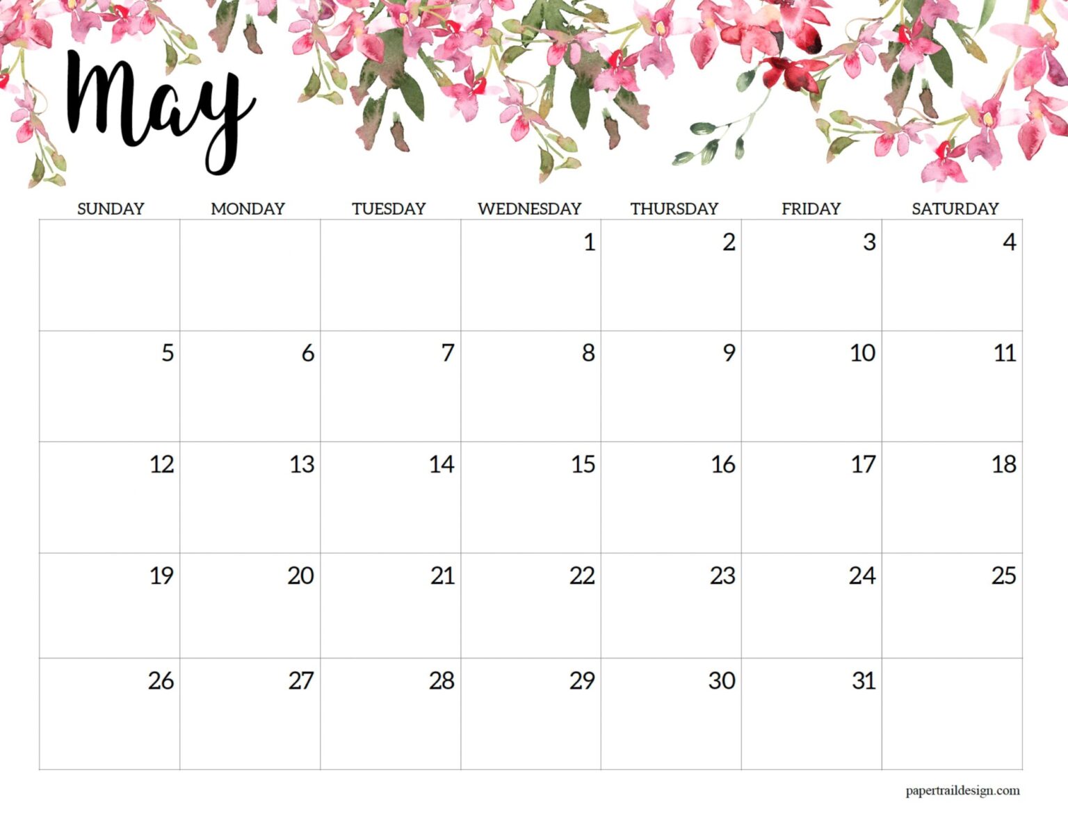 Horizontal Floral Printable Calendar -2024 - Paper Trail Design