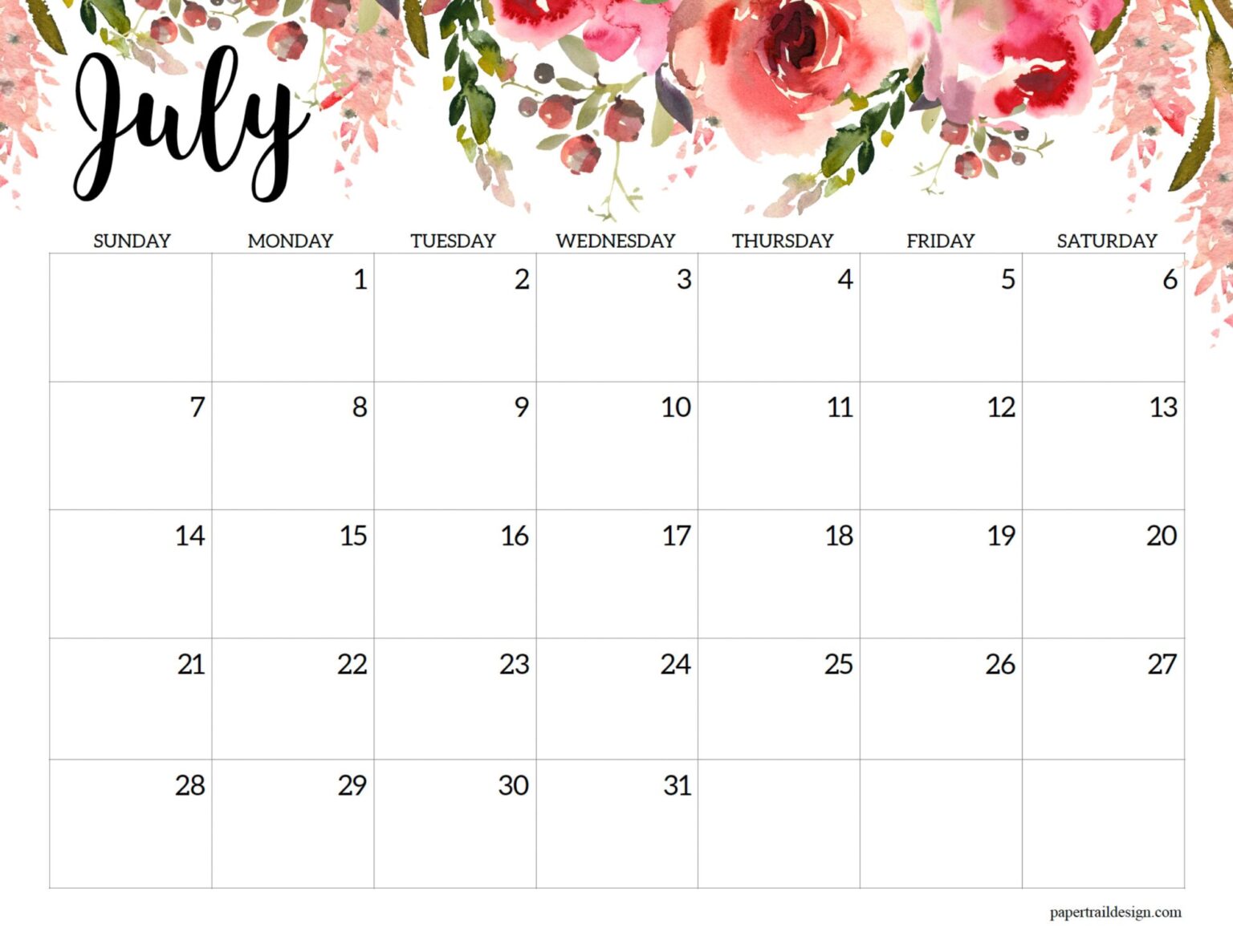 Horizontal Floral Printable Calendar -2024 - Paper Trail Design Horizontal Floral Printable Calendar -2024 - Paper Trail Design