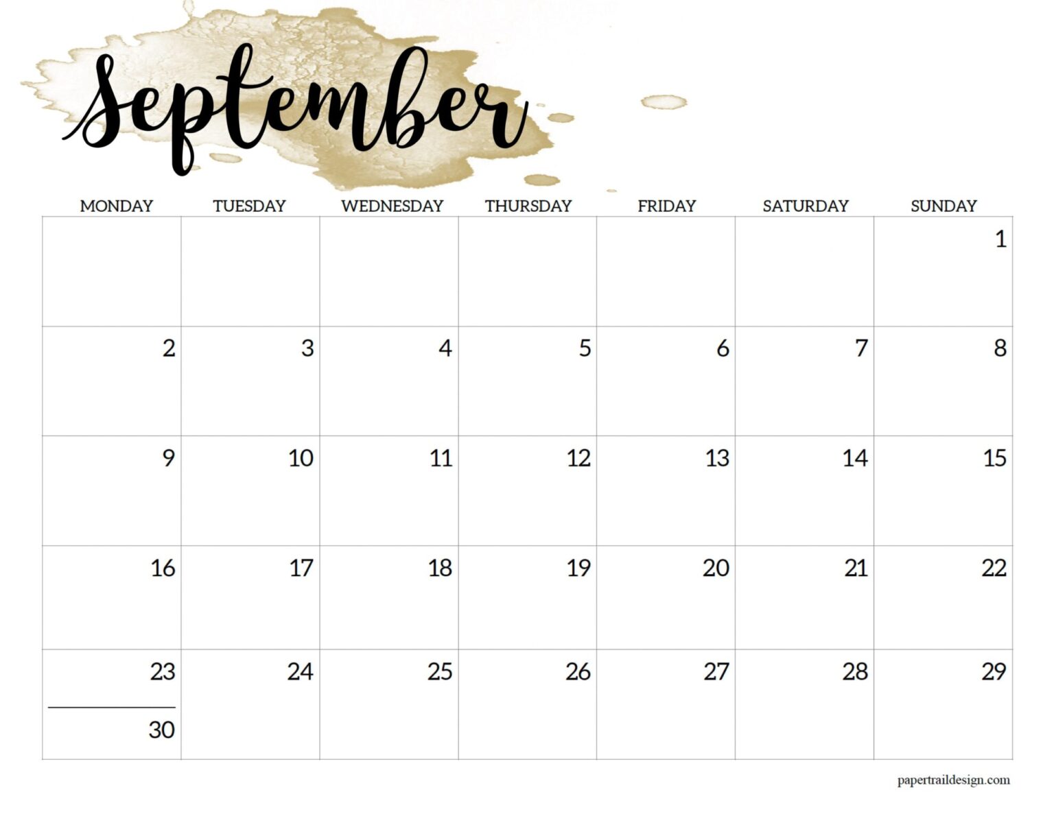 2024 Monday Start Calendar Printable - Watercolor - Paper Trail Design