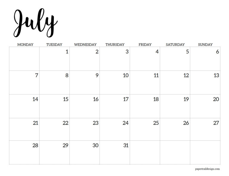 Free Printable 2025 Calendar - Monday Start - Paper Trail Design