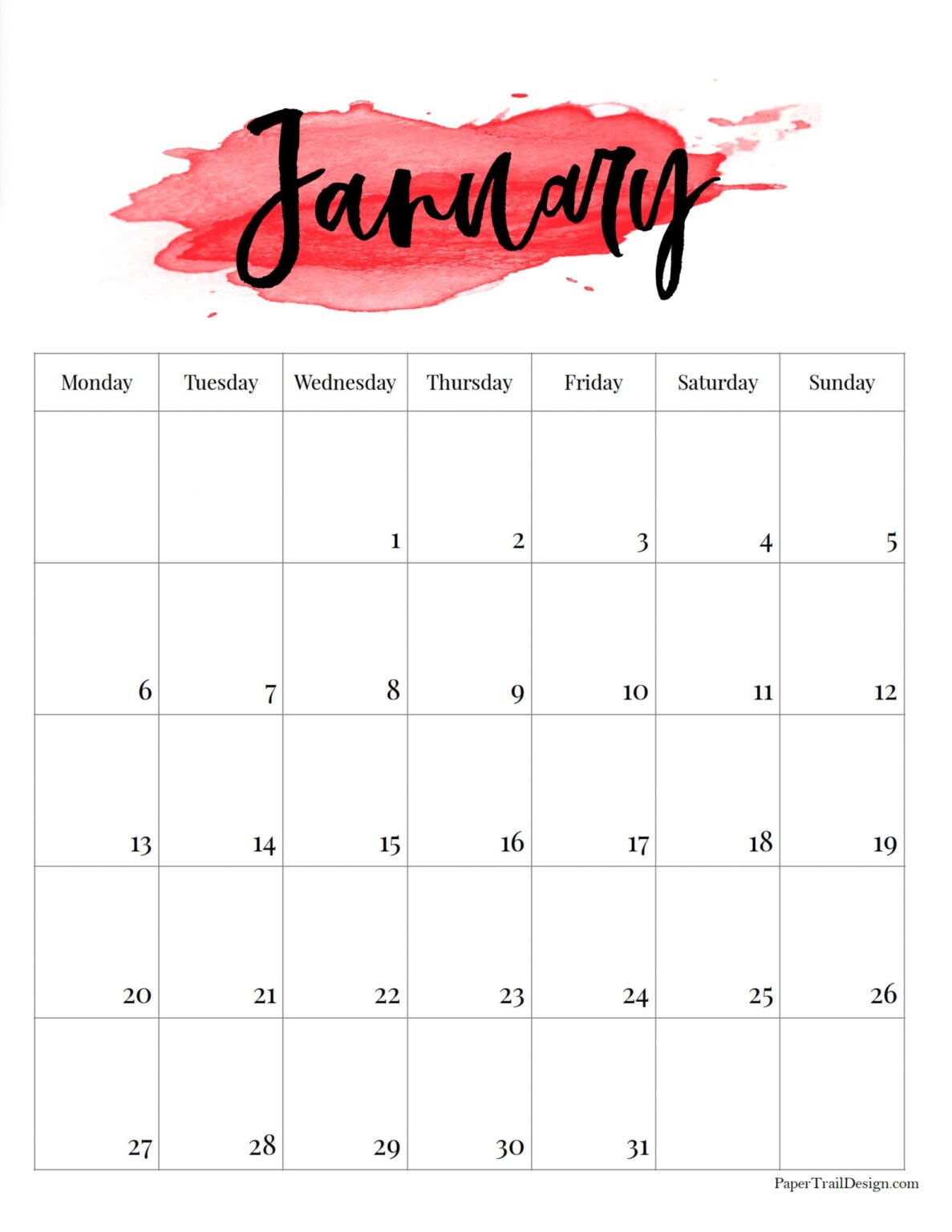 2025 Monday Start Watercolor Calendar - Paper Trail Design