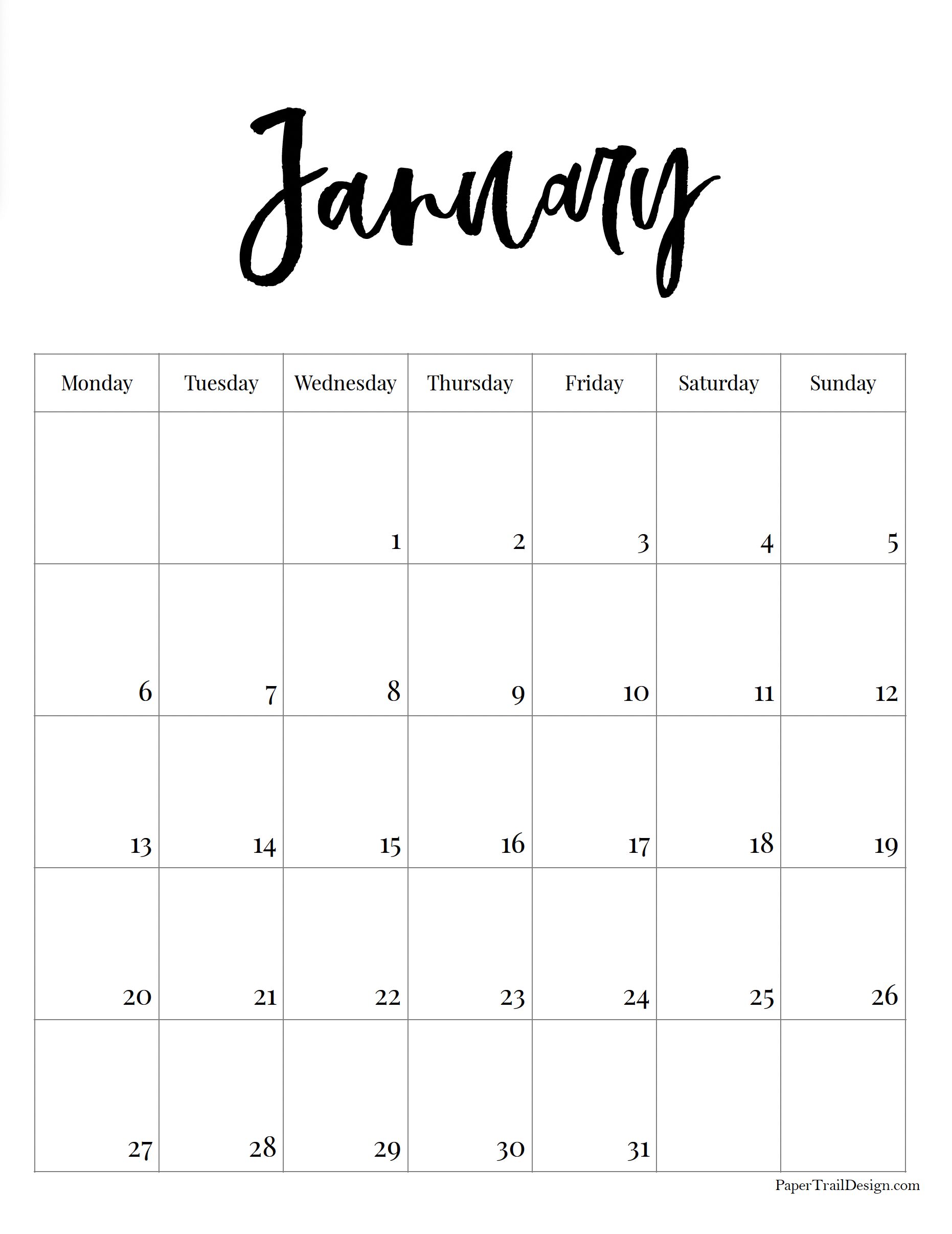 Vertical 2025 Monday Start Calendar - Paper Trail Design