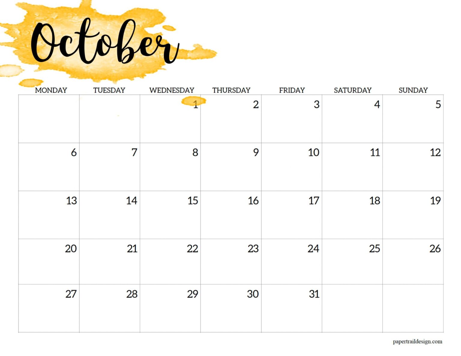 2025 Monday Start Calendar Printable - Watercolor - Paper Trail Design