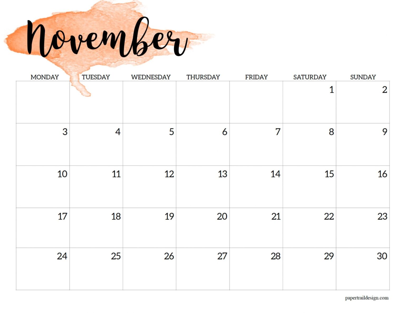 2025 Monday Start Calendar Printable - Watercolor - Paper Trail Design