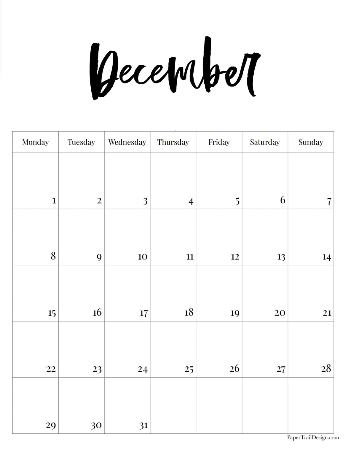 Vertical 2025 Monday Start Calendar - Paper Trail Design