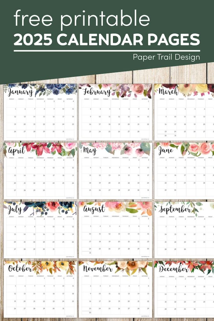 Horizontal Floral Printable Calendar - 2025 - Paper Trail Design