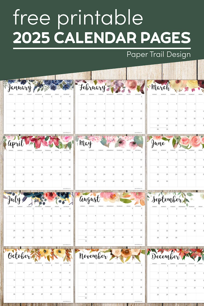 Horizontal Floral Printable Calendar - 2025 - Paper Trail Design