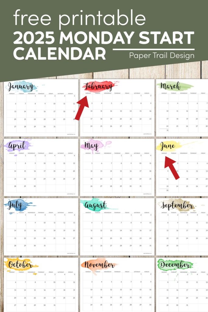 2025 Monday Start Calendar Printable - Watercolor - Paper Trail Design